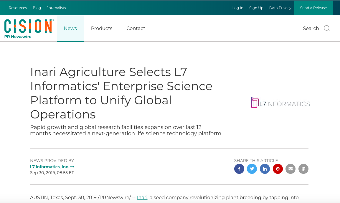 Inari Agriculture Selects L7 Informatics' Enterprise Science Platform ...